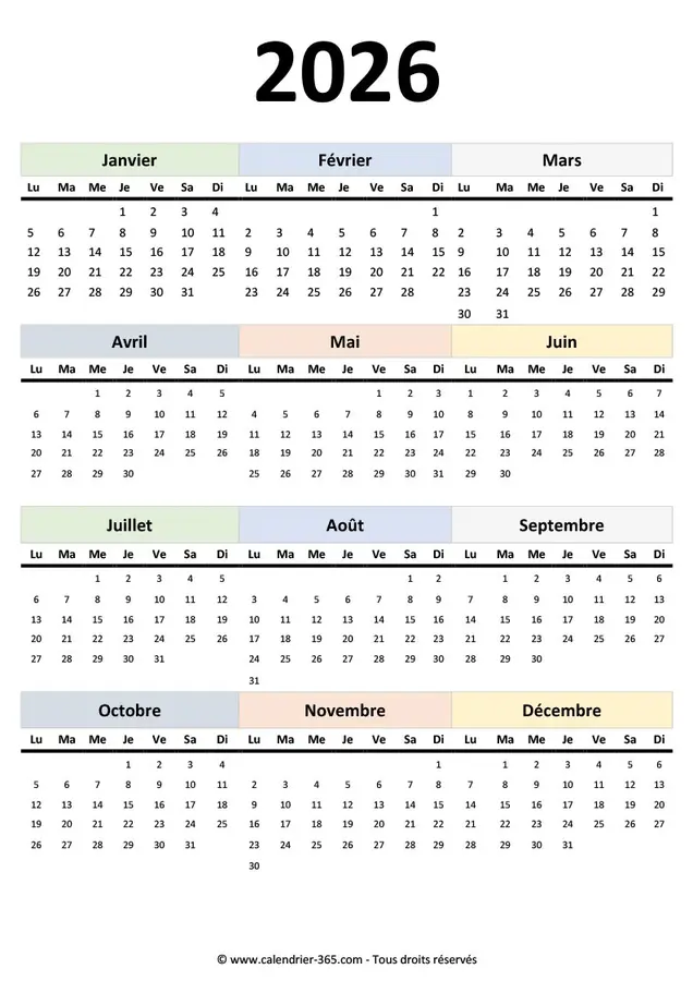 Calendrier simple 2025 à télécharger en PDF & JPG