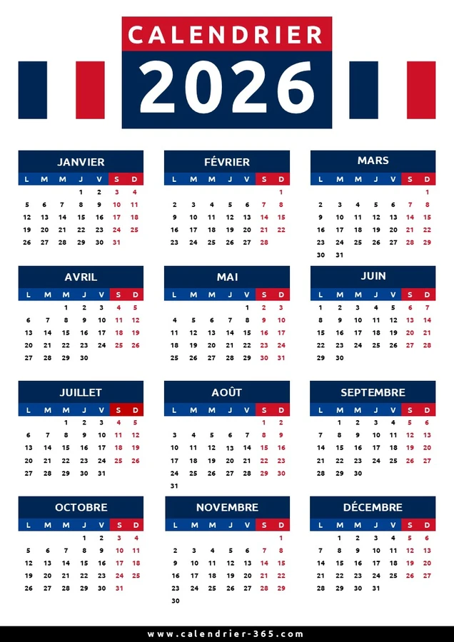 Calendrier professionnel 2026 à télécharger et imprimer