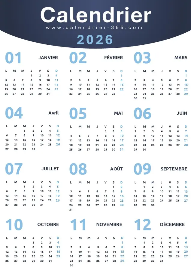 Exemples de calendriers 2026 gratuit à télécharger et imprimer
