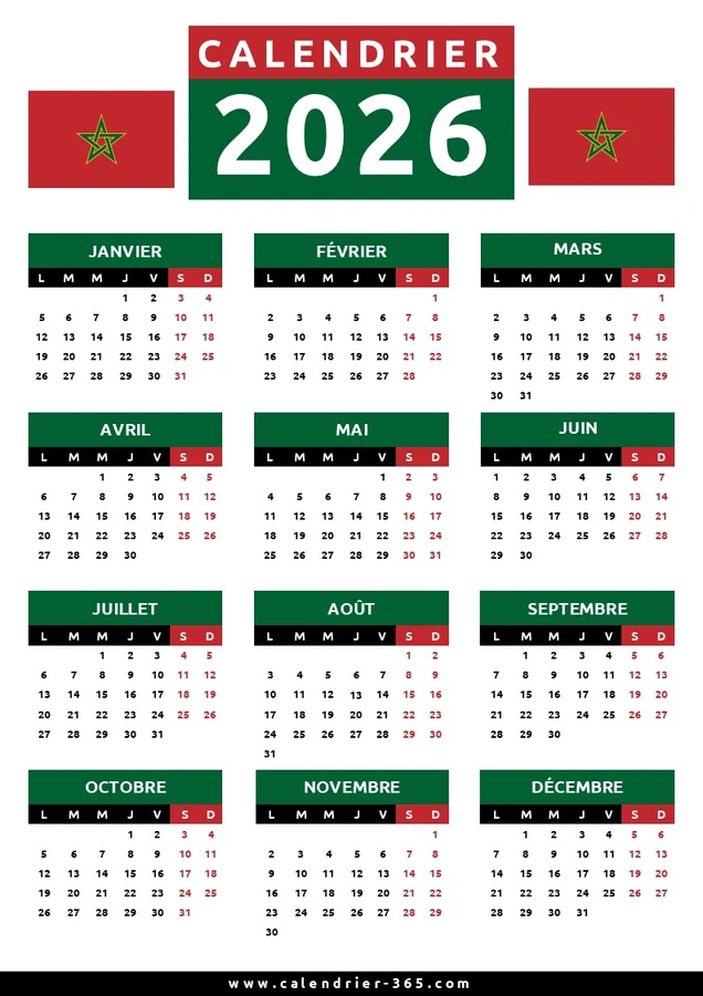 Calendrier marocain 2026 à télécharger gratuitement (Modèle PDF et JPG)