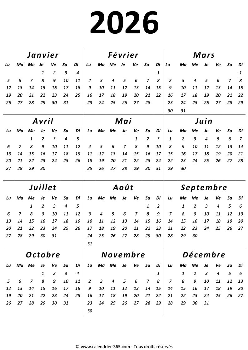 Calendrier 2026 Word: Modèles gratuits à télécharger