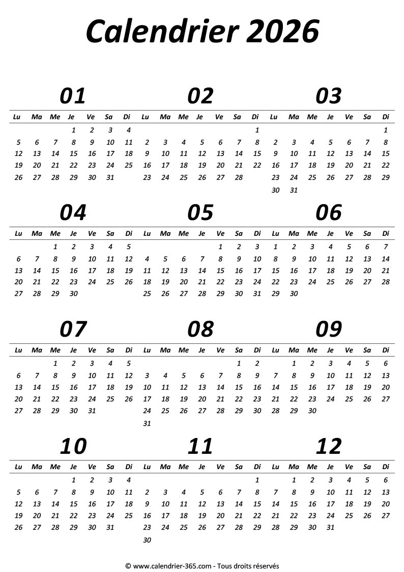 Calendrier 2026 Word: Modèles gratuits à télécharger